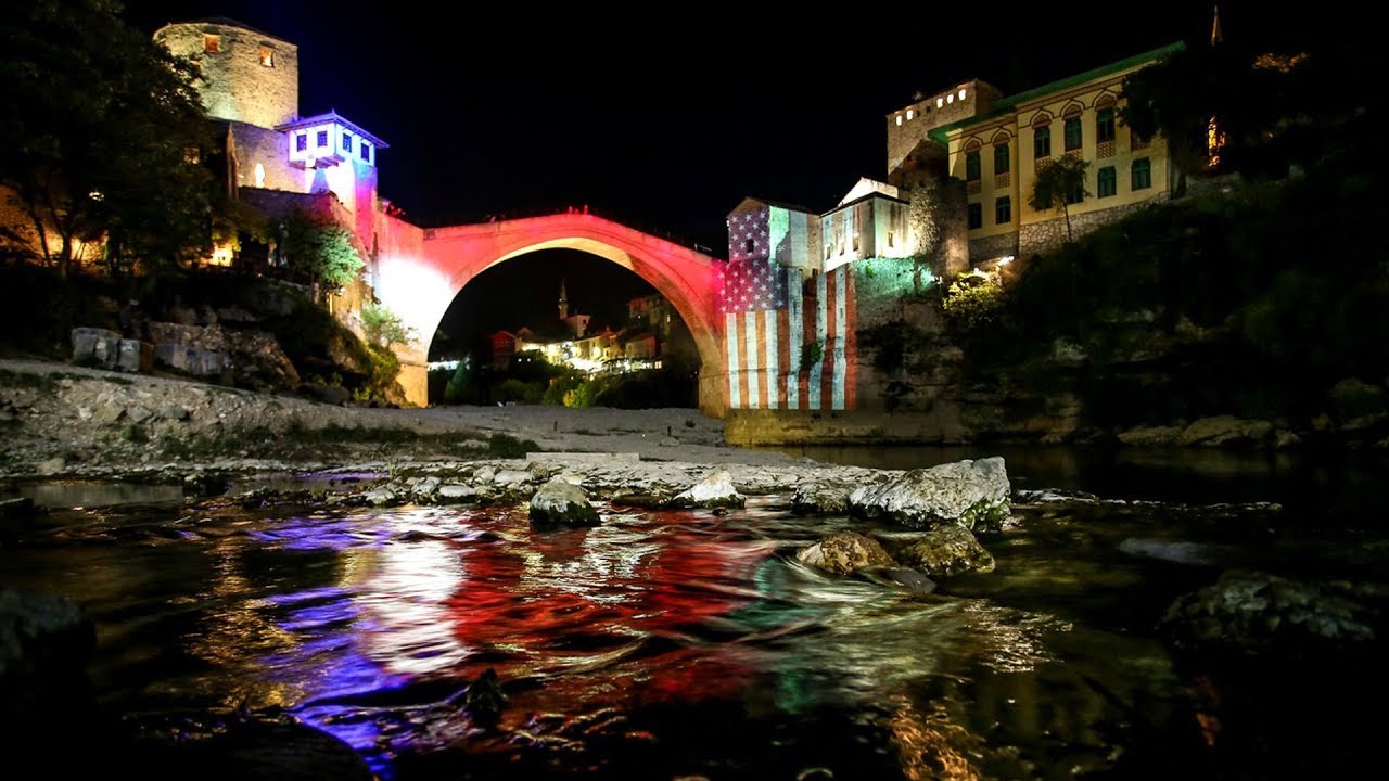 Old Bridge in Mostar in Colors of the USA flag - YouTube