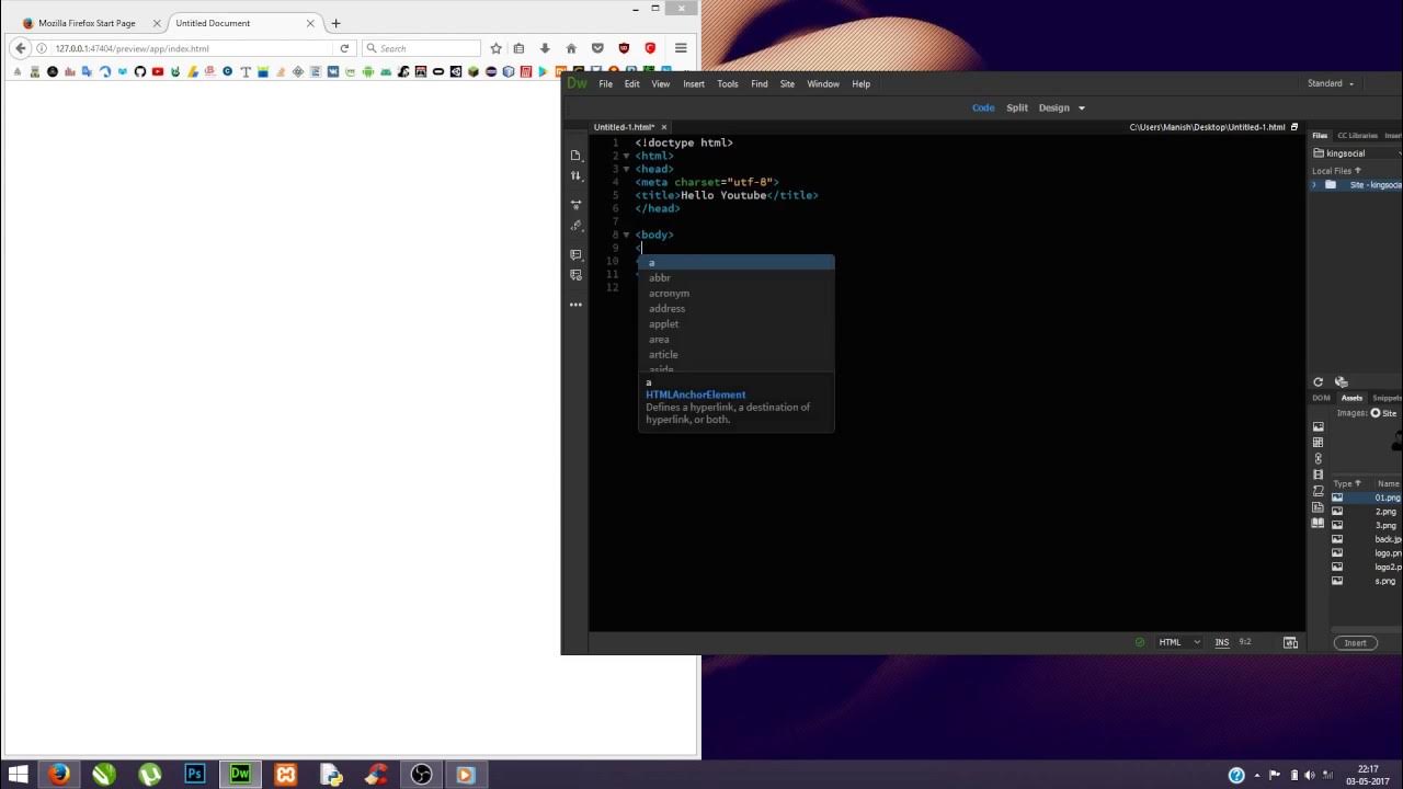 Hello World in HTML5 with Real Time Preview In Dreamweaver 2017 - YouTube