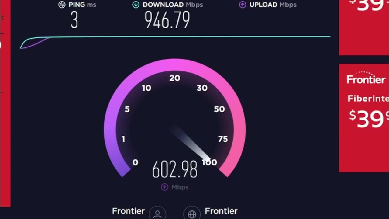 FRONTIER FIBER OPTIC INTERNET ONE GIGABIT SPEEDTEST - YouTube