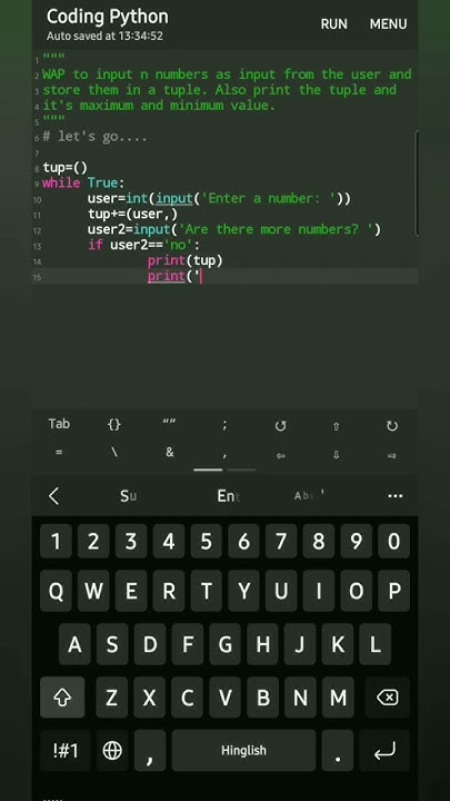 WAP in python to input n numbers from the user and store them in a tuple and print max and min ...