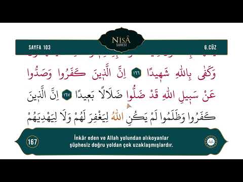 Diyanet Ok Takipli Hatim 6. Cüz - Kur'an-ı Kerim 103. Sayfa - Nisâ Suresi 163-170. Ayetler