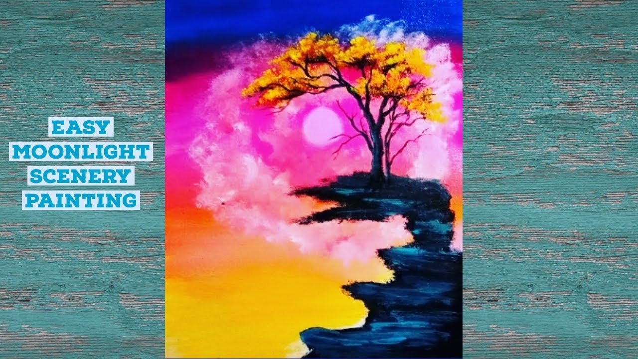 TYPE OF DRAWING FULL MOON LANDSCAPE｜SIMPLE ACRYLIC PAINTING STEP BY ...