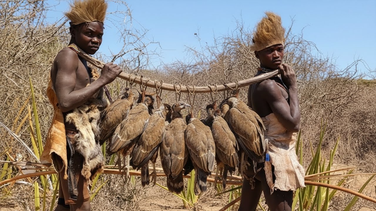 Hadzabe tribe hunts wild bird and cook them according ancient custom ...