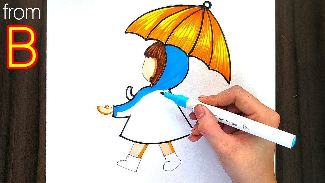 A girl in Rain 👧🏻🌧☂️ Drawing from 'B' | How to draw a girl in rain ...