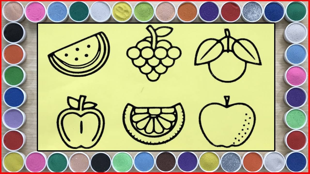 Colouring sand painting fruits orange, apple, watermelon, grape - How ...