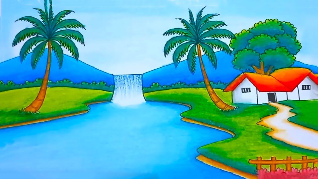 How to Draw Beautiful Village Scenery | Drawing Landscape Village and ...