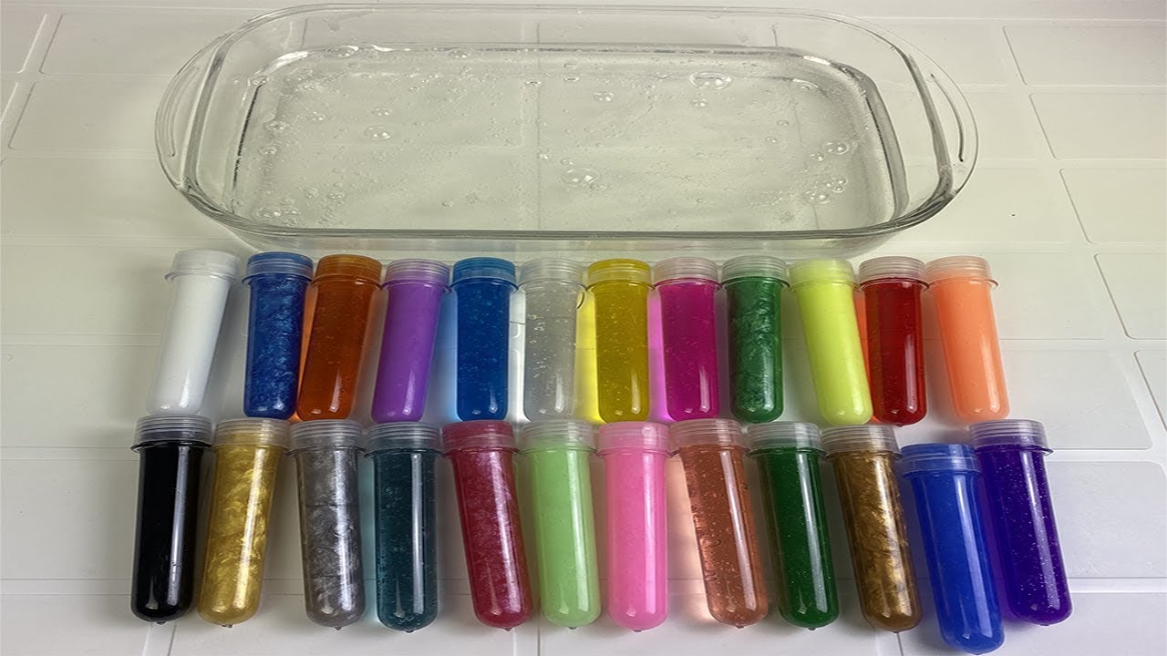 JOGUEI 24 TUBOS DE SLIMES DIFERENTES DENTRO DO SLIME TRANSPARENTE ...