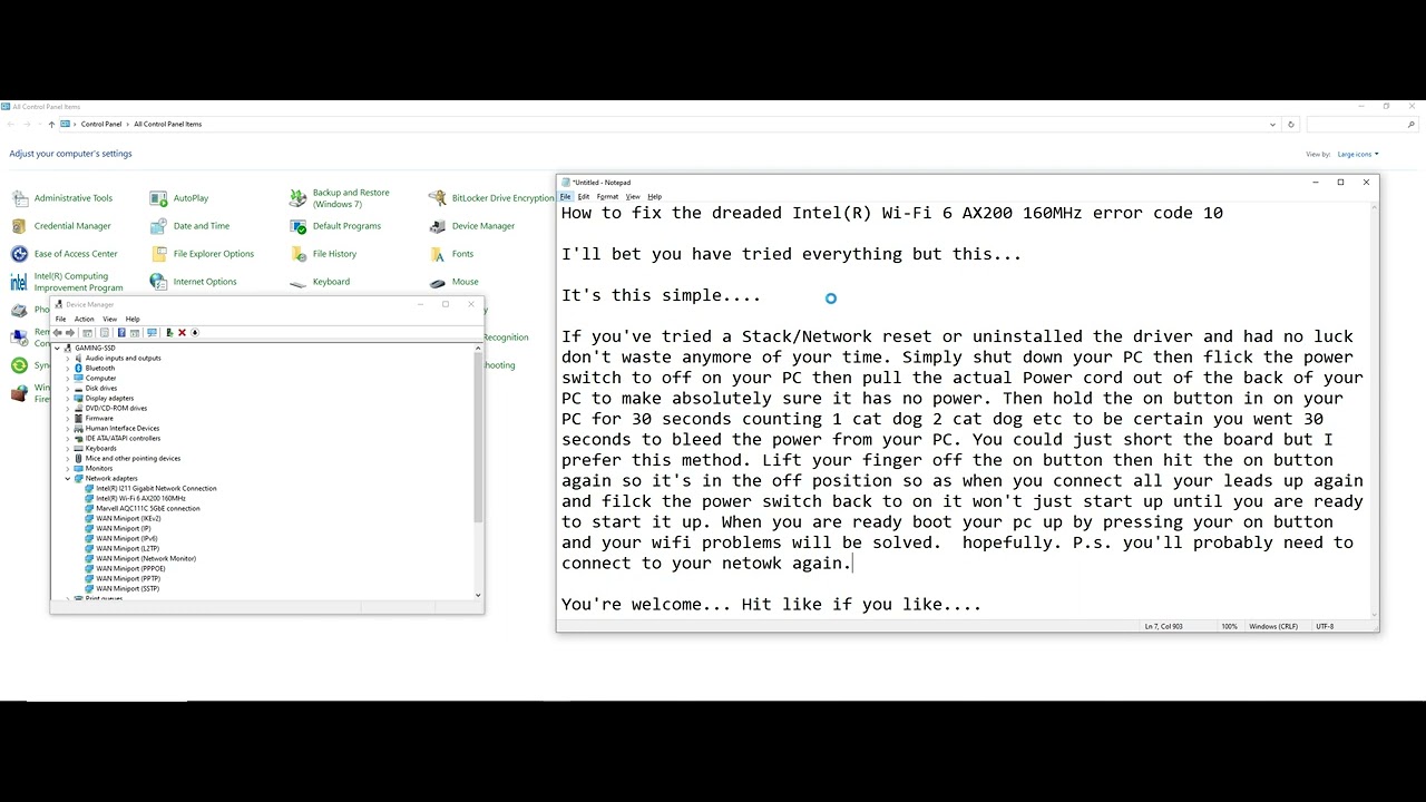 Fixed IntelR Wi Fi 6 AX200 160MHz error code 10 - YouTube