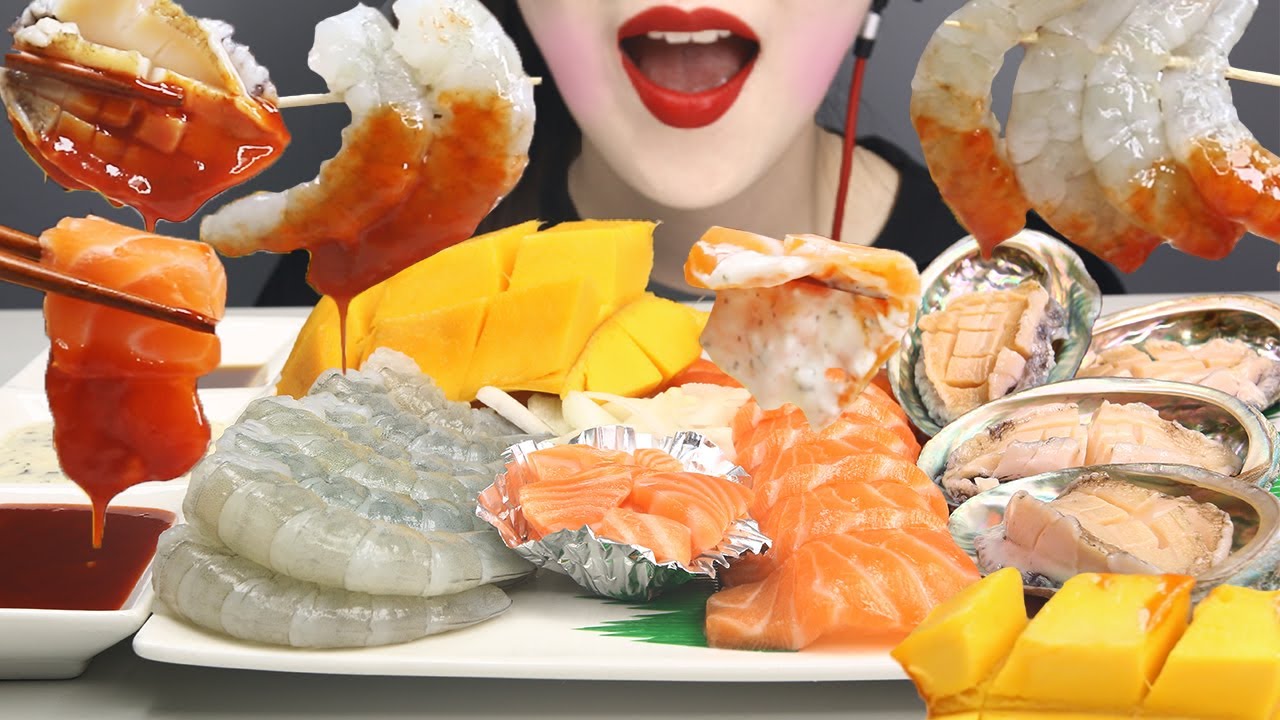 ASMR 🐟 RAW SHRIMP, SALMON, ABALONE 생새우, 연어, 전복회 먹방 KOREAN SEAFOOD HWEH ...