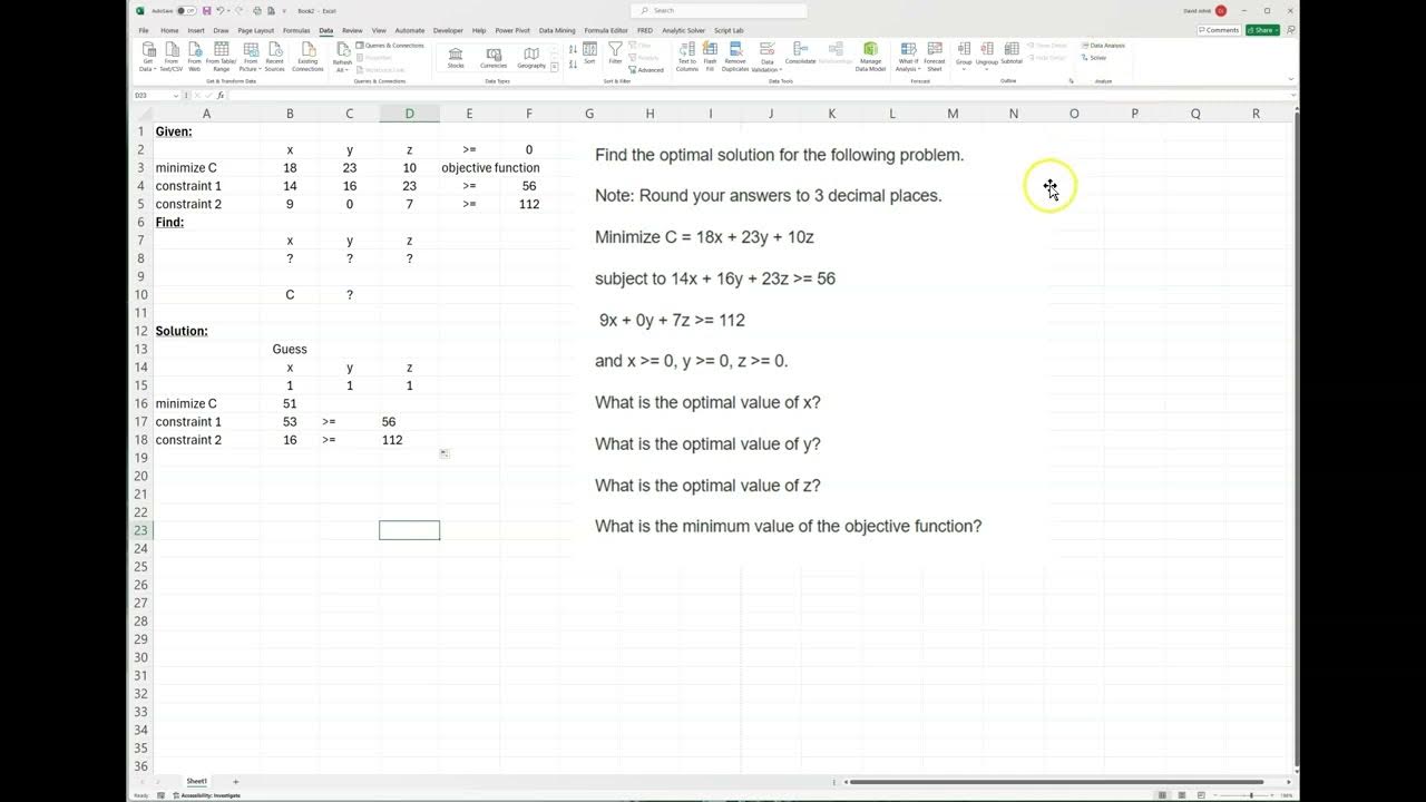 An intuitive method for solving a simple linear programming problem on Excel using Solver - YouTube
