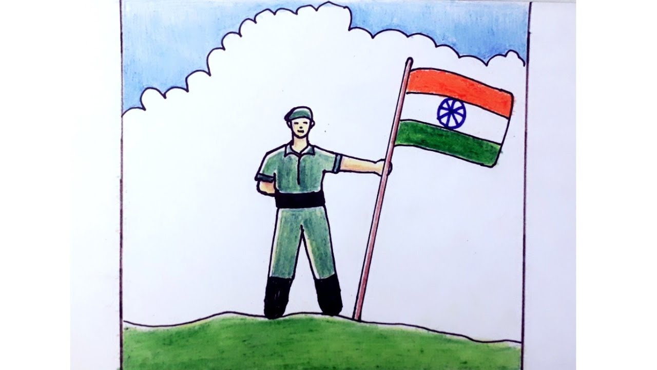 How to draw a soldier and flag drawing with colors || republic day ...