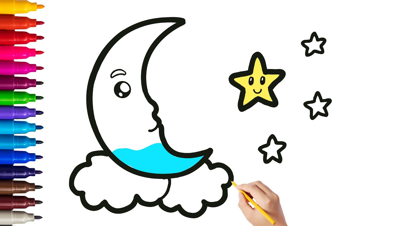 How to Draw The Moon and Stars Step by Step. Cute and Easy Drawing for ...