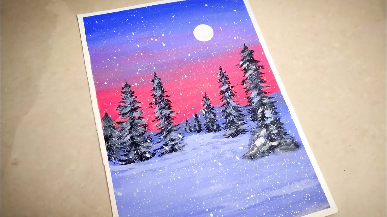 Winter Snowy Night Painting/Falling Snow Painting/Poster Color Painting ...