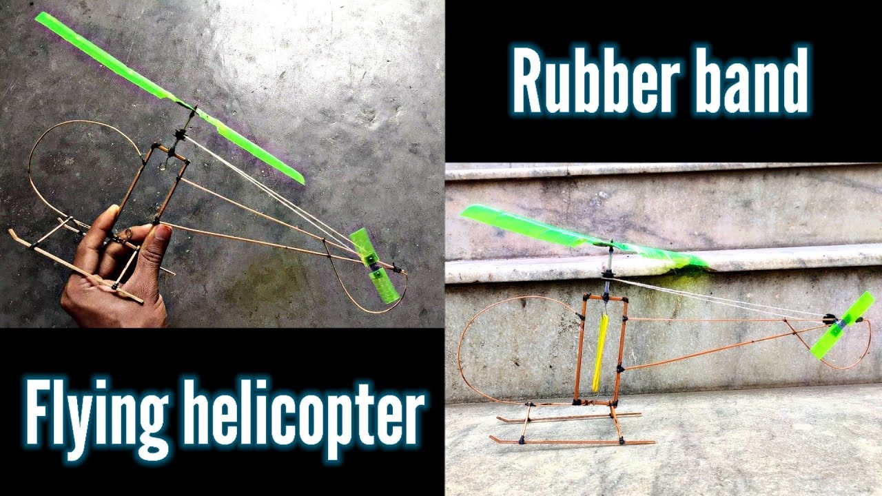 How to make rubber band flying helicopter || Homemade flying helicopter ...