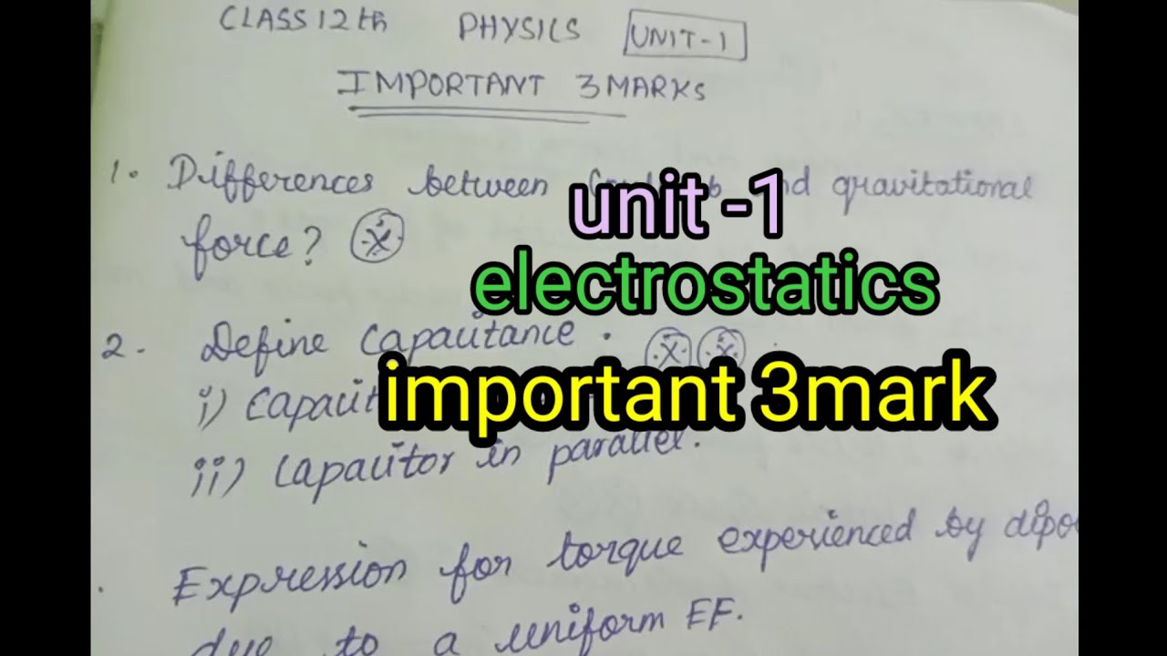 class 12th physics unit -1 Electrostatics very very important 3mark questions - YouTube