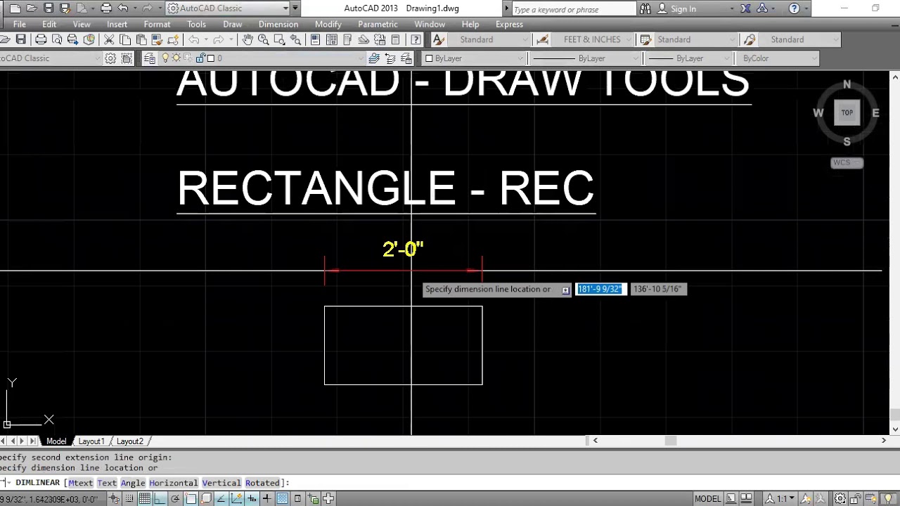 AutoCAD BASIC - DRAW TOOLS - RECTANGLE (REC) Command feet & inches in ...