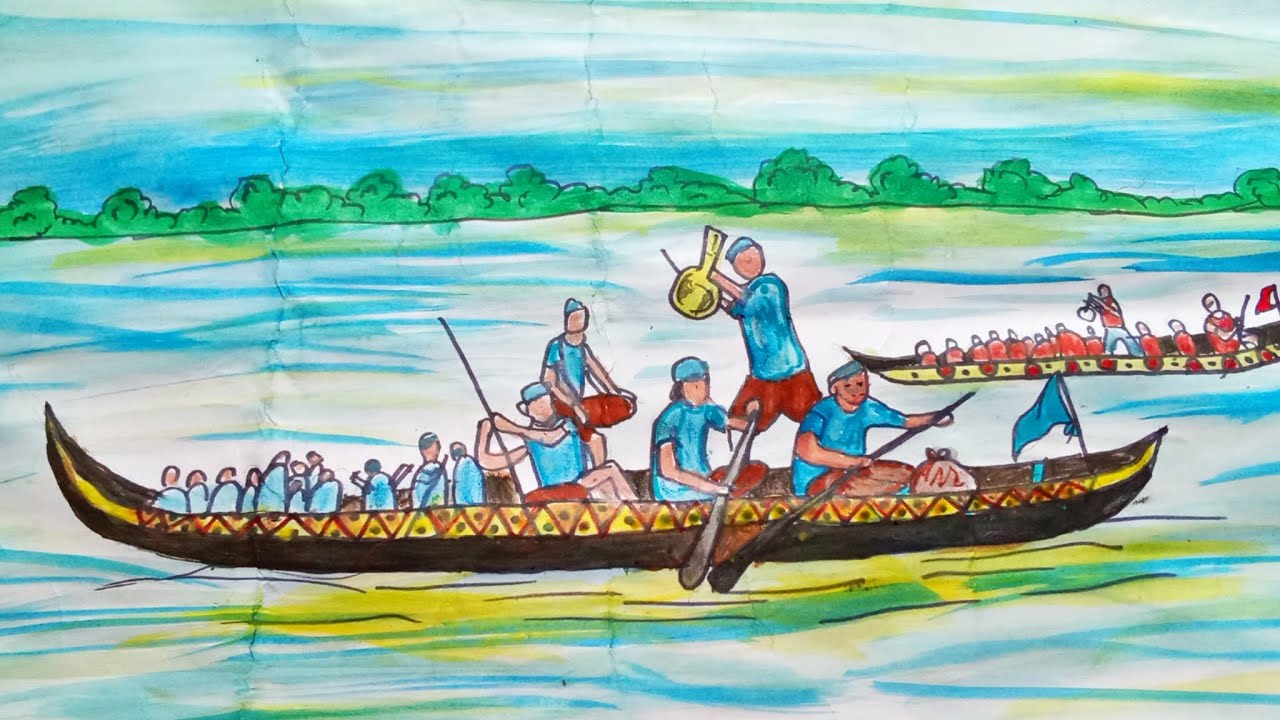 how to draw nouka baich scenery. water color drawing. Drawing with Diya ...