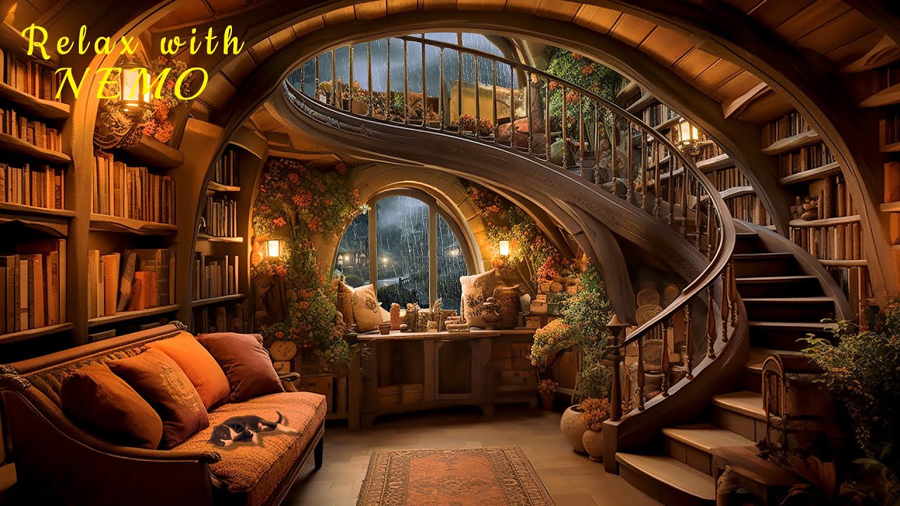 📚 Cozy Hobbit Library - Rainstorm with Lightning Thunder & Page Turning ...