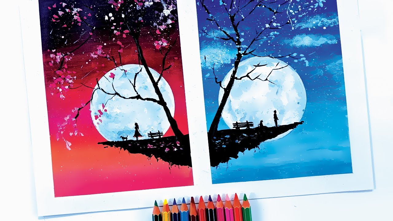 How to Draw a Girl and Boy in Moonlight for Beginners / Acrylic ...
