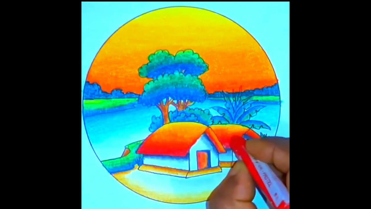 How to draw easy sunset scenery. Sunset scenery drawing Oil pastel ...