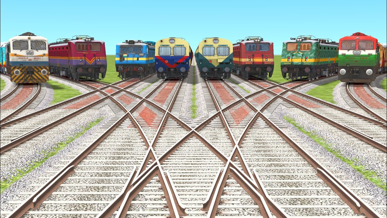 8 TRAIN CROSSING ON DIAMOND CURVED RAILROAD | Electric Train | Indian ...