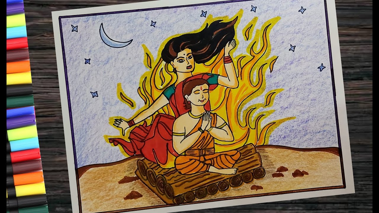 Holika Dahan drawing easy l Happy Holi drawing l How to draw Holika ...