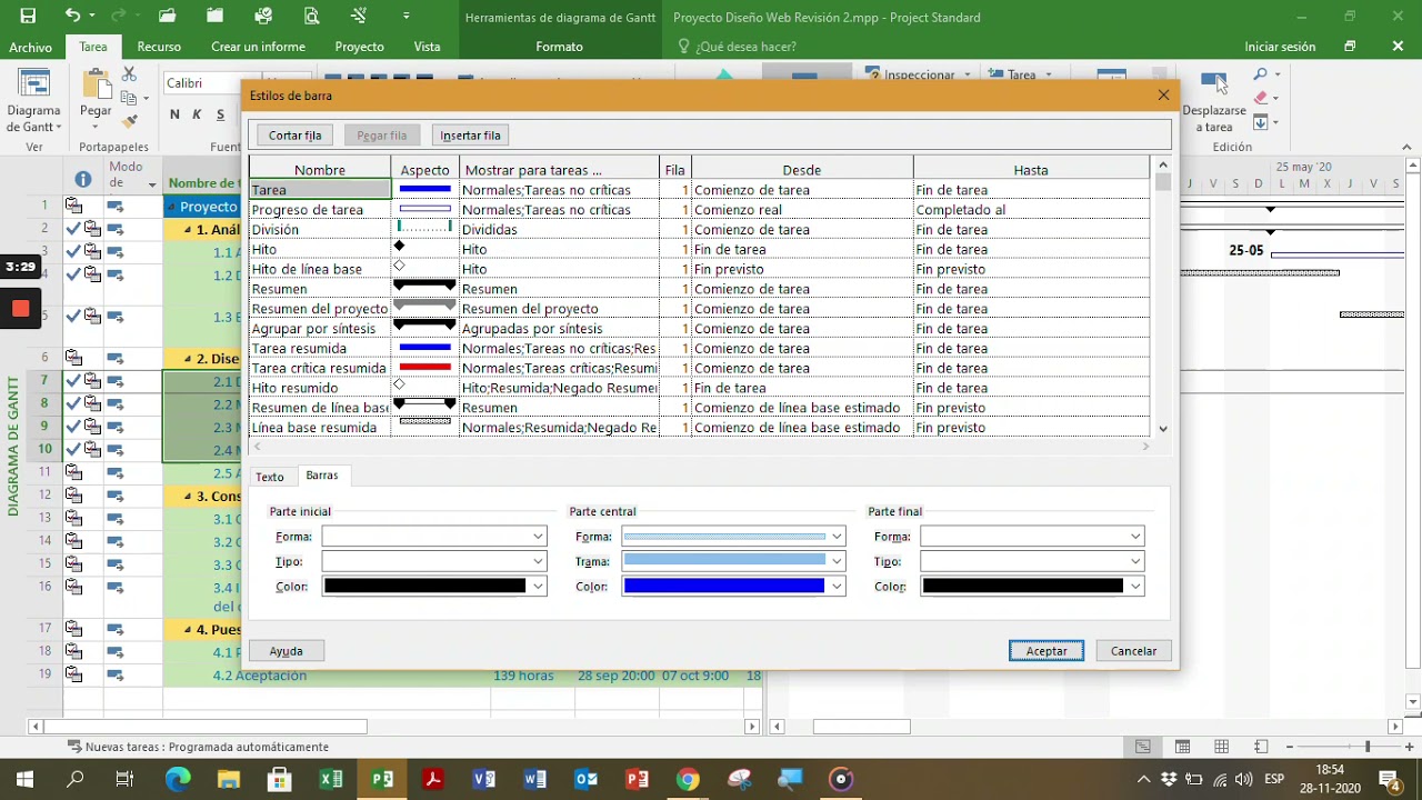 Curso de Project Asistente de Diagrama de Gantt y Personalizar Barras - YouTube