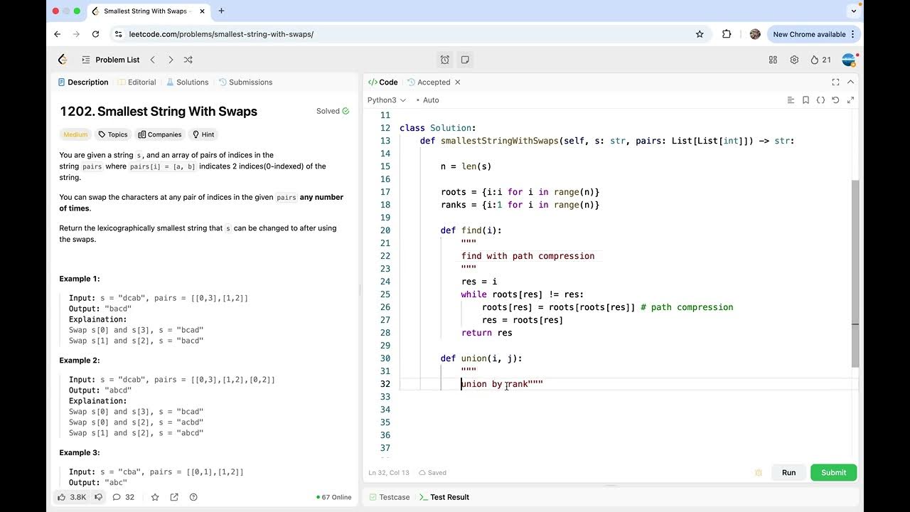 leetcode 1202 Smallest String With Swaps | union find, sort name assign - YouTube