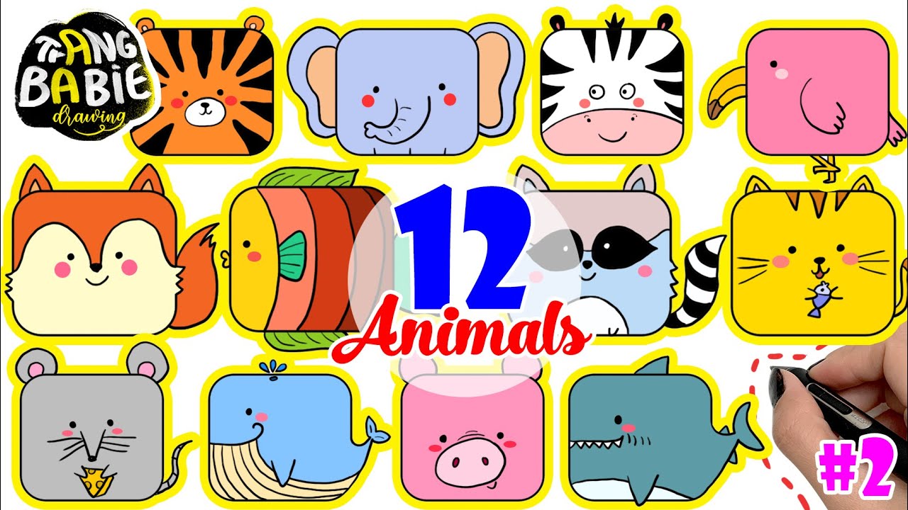 How to draw 12 Animals from Rounder Square Shape | Draw Animals Easy #2 ...