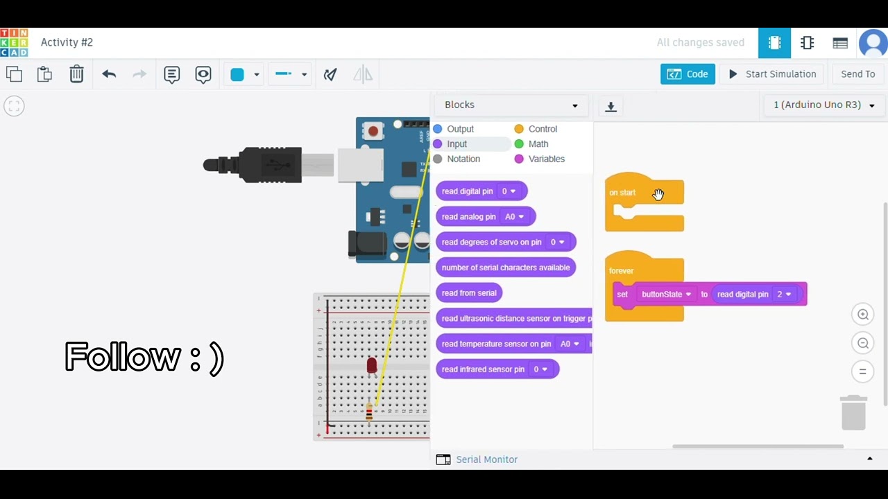 Pushbutton In Arduino Uno Using Tinkercad Youtube