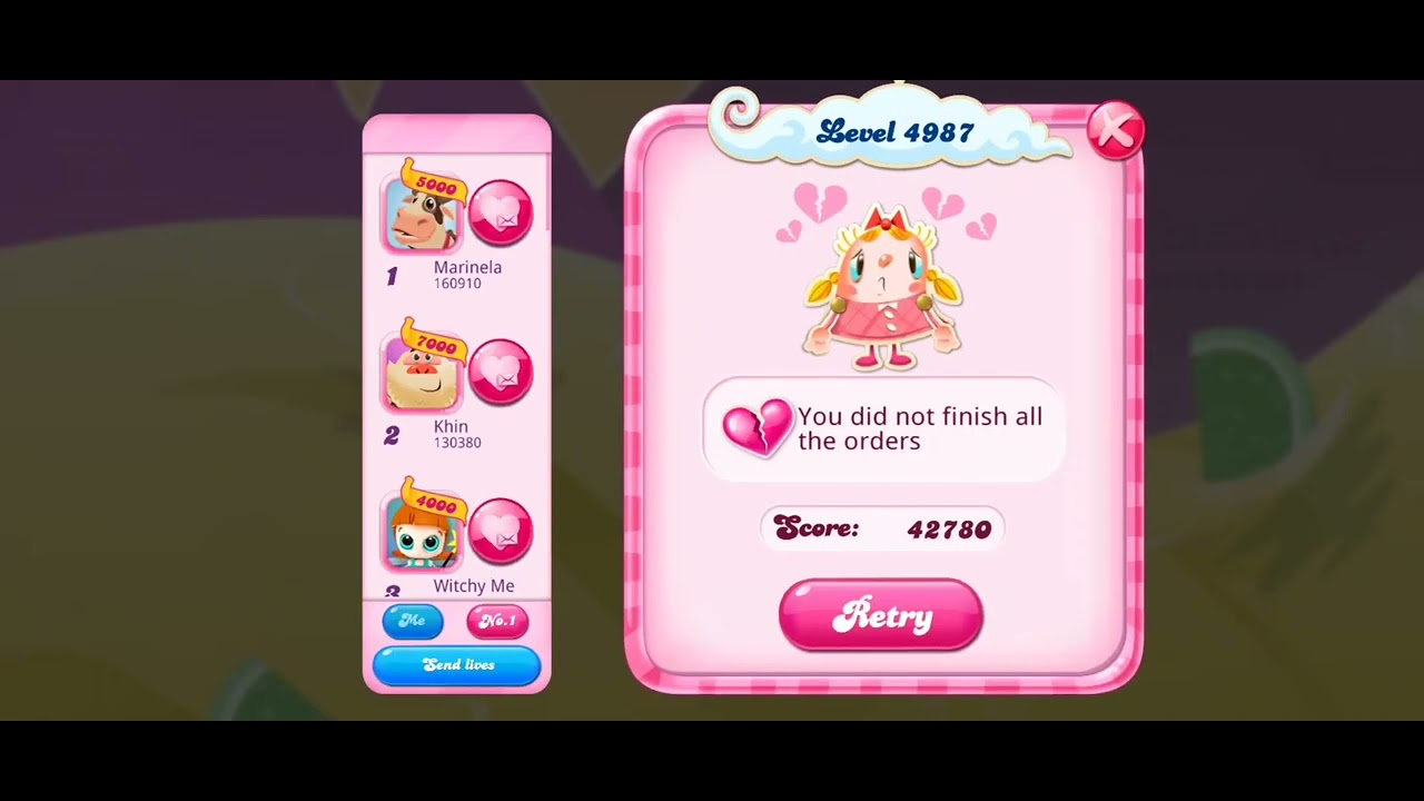 Candy crush Game Over: Level failed (landscape) - YouTube