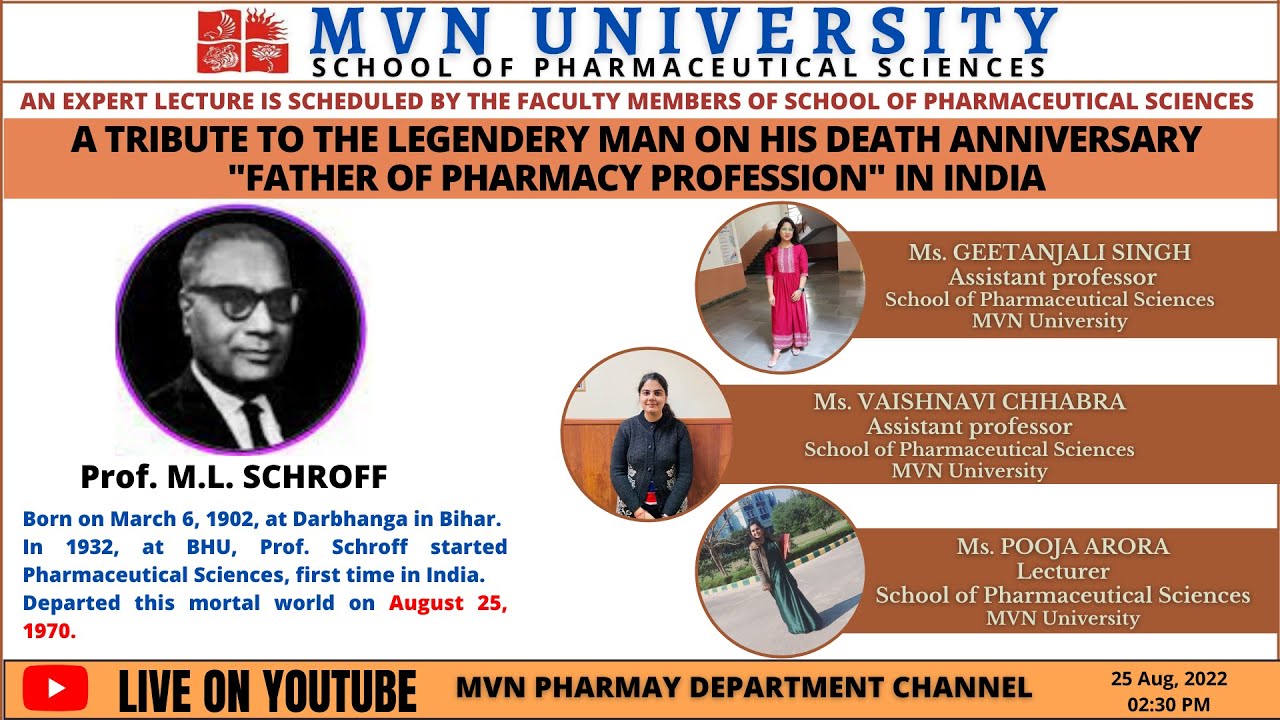 A TRIBUTE TO FATHER OF PHARMACY "Prof. M.L. SCHROFF' IN INDIA - YouTube