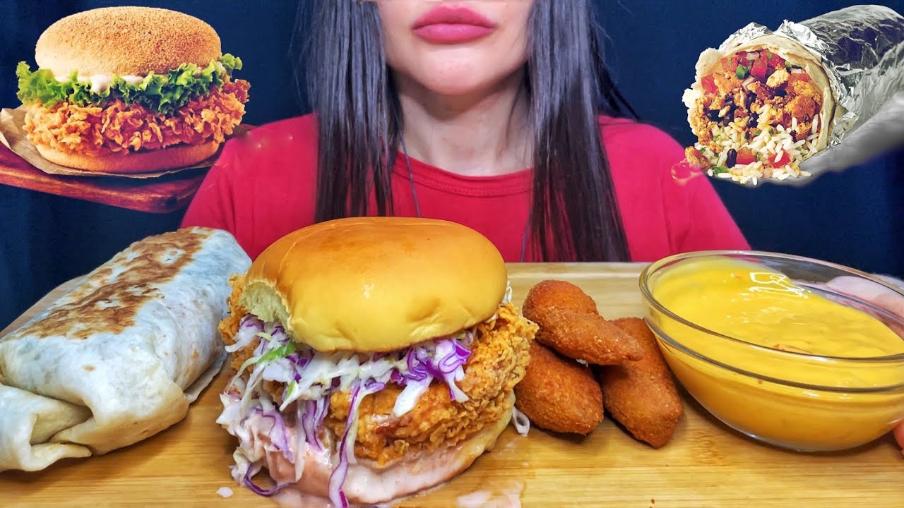 ASMR FAST FOOD | EATING CRISPY CHICKEN BURGER + BURRITO MUKBANG - YouTube
