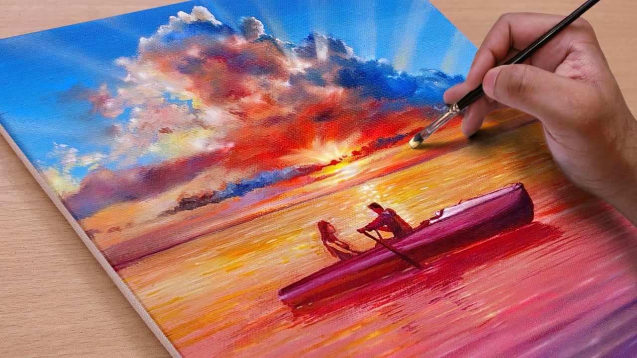 How to Draw a Sunset Lake / Acrylic Painting for Beginners / STEP BY ...