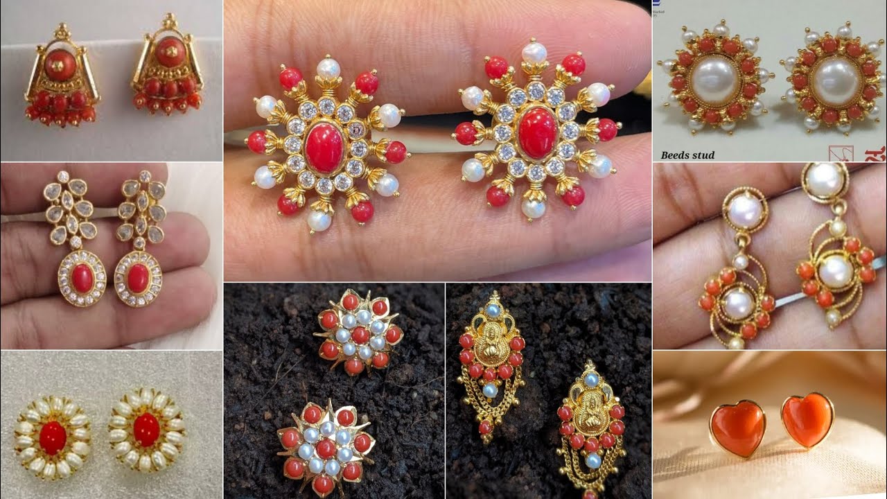 Coral Gold Earring Designs with weight/ಹವಳದ ಓಲೆಗಳು/Coral Gold Studs ...