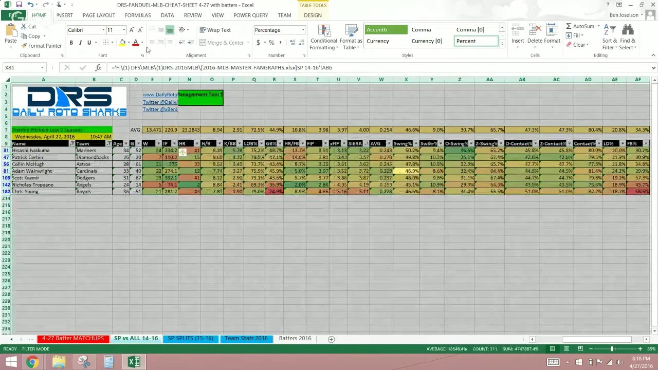 xBenJamminx MLB Cheat Sheet Tutorial w/ Advanced Stats - YouTube