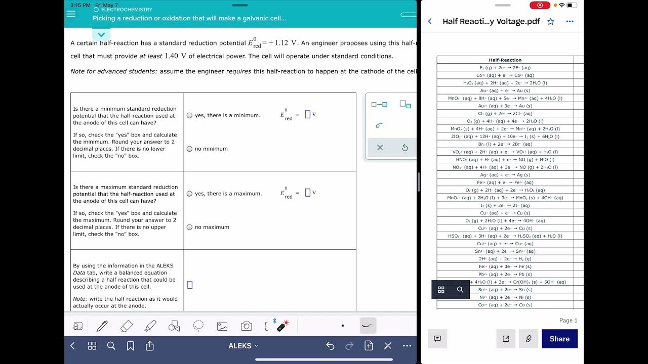 ALEKS: Picking a reduction or oxidation that will make a galvanic cell ...