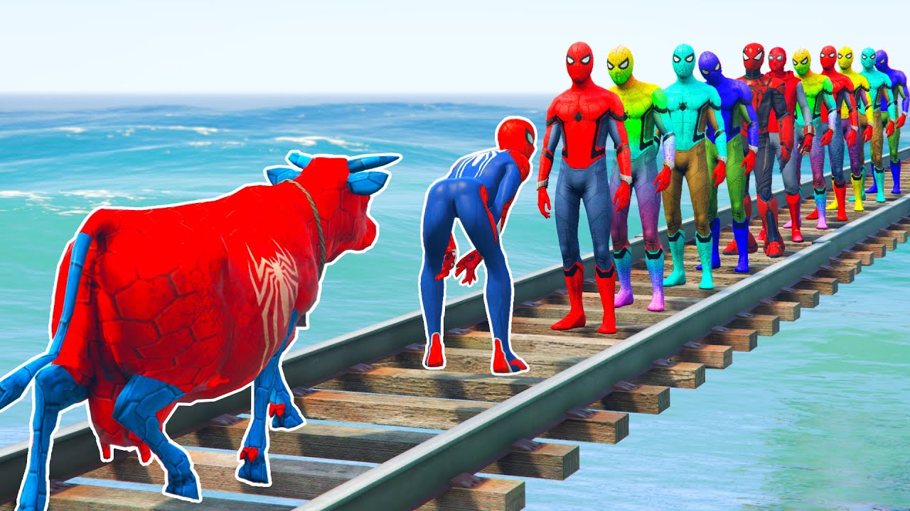 Spider-Man Cow vs SpidermMan's Rails Bridges jumps inside a Water ...