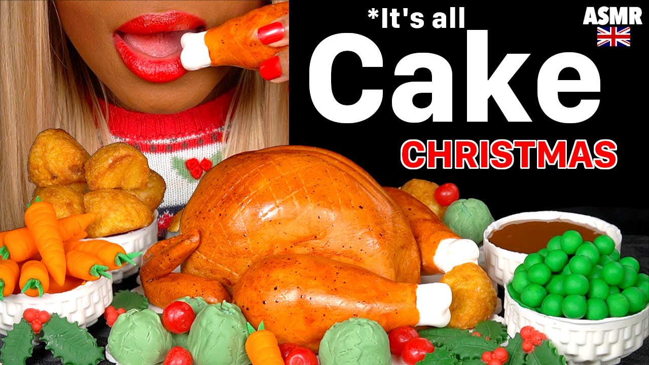 ASMR EATING CHRISTMAS TURKEY CAKE, EDIBLE BOWL, PLATE, CANDY VEGGIES ...
