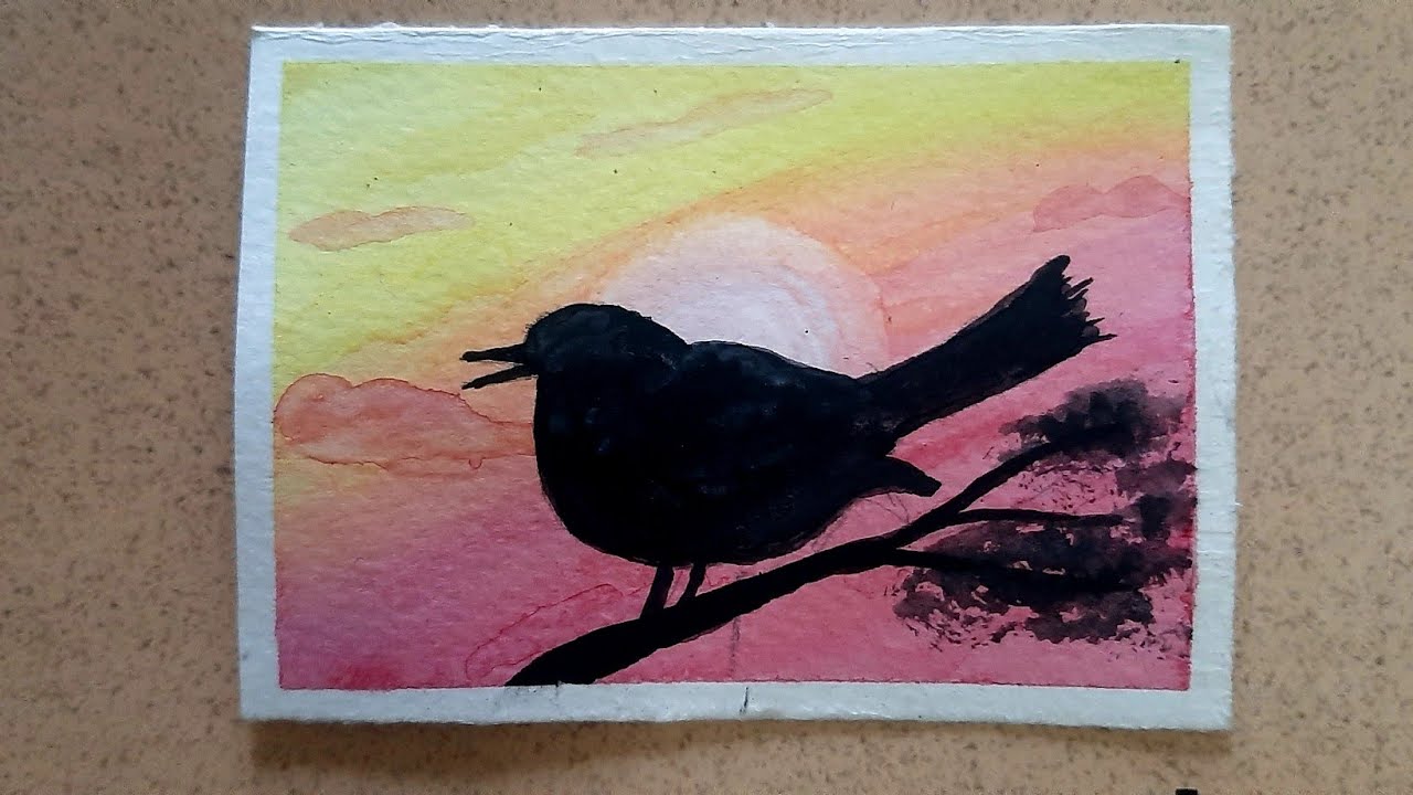 Sunrise with Bird Drawing || Very Easy || Bird in Sunrise Painting ...