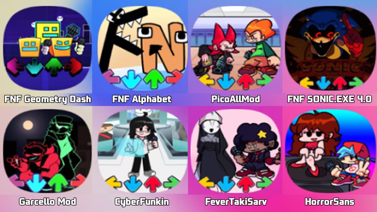FNF Geometry Dash, FNF Alphabet, FNF Pico, FNF Sonic.exe 4.0, FNF Cyber ...