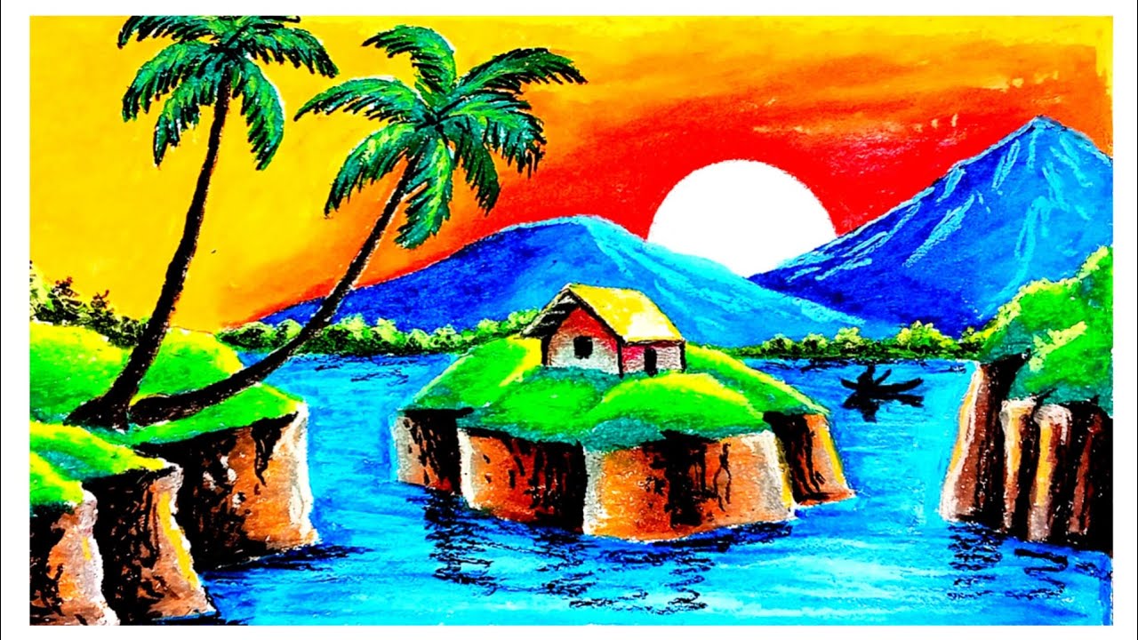 small island scenery painting// how to draw beautiful sunset scenery ...