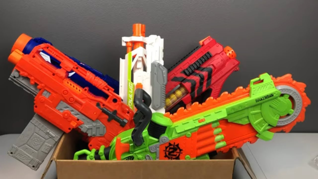 Nerf Blasters Box of Toys Toy Guns Zombie Strike and More - YouTube