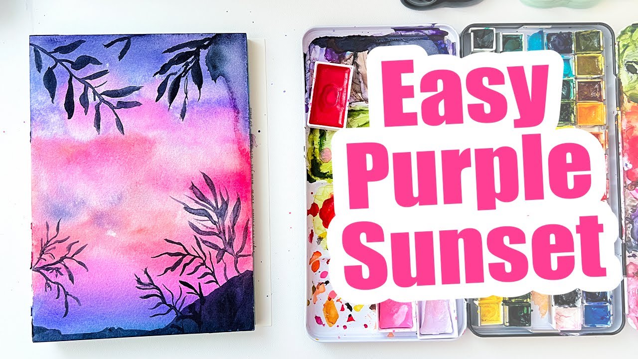 Easy Purple sunset landscape watercolor for beginners ( Under 15 mins ...