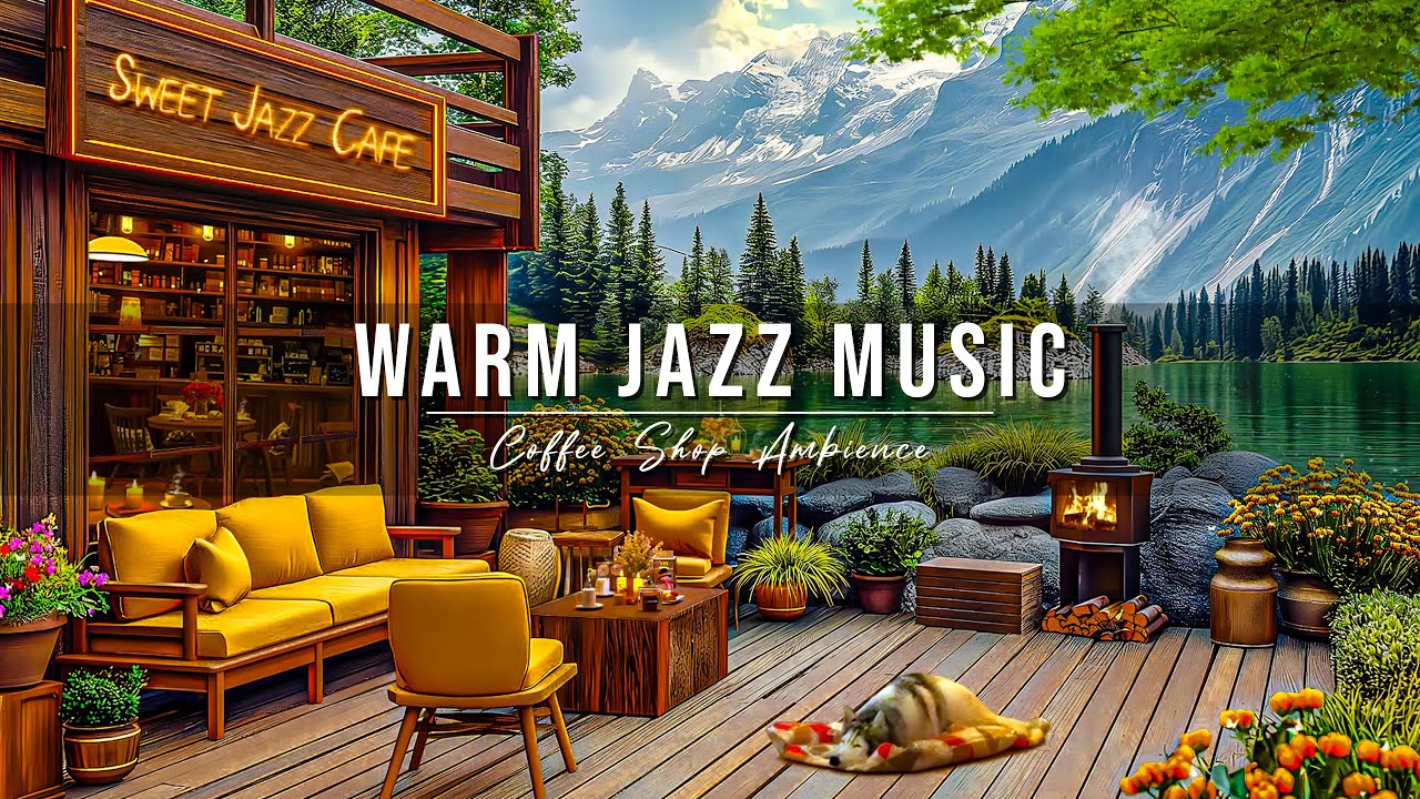 Stress Relief with Warm Jazz Music ☕ Cozy Spring Lakeside Porch ...