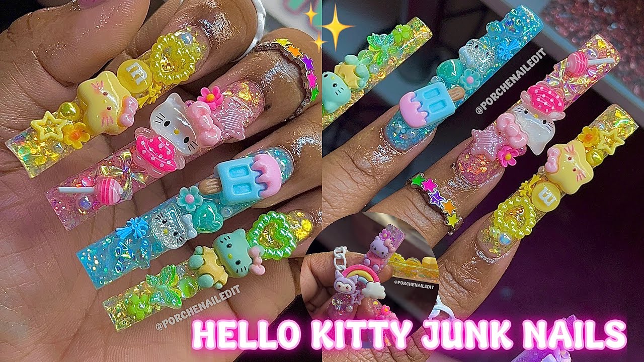 🌈🌟 HELLO KITTY KAWAII NAILS JUNK NAILS | BEGINNER FRIENDLY 💕 ACRYLIC NAIL TUTORIAL - YouTube