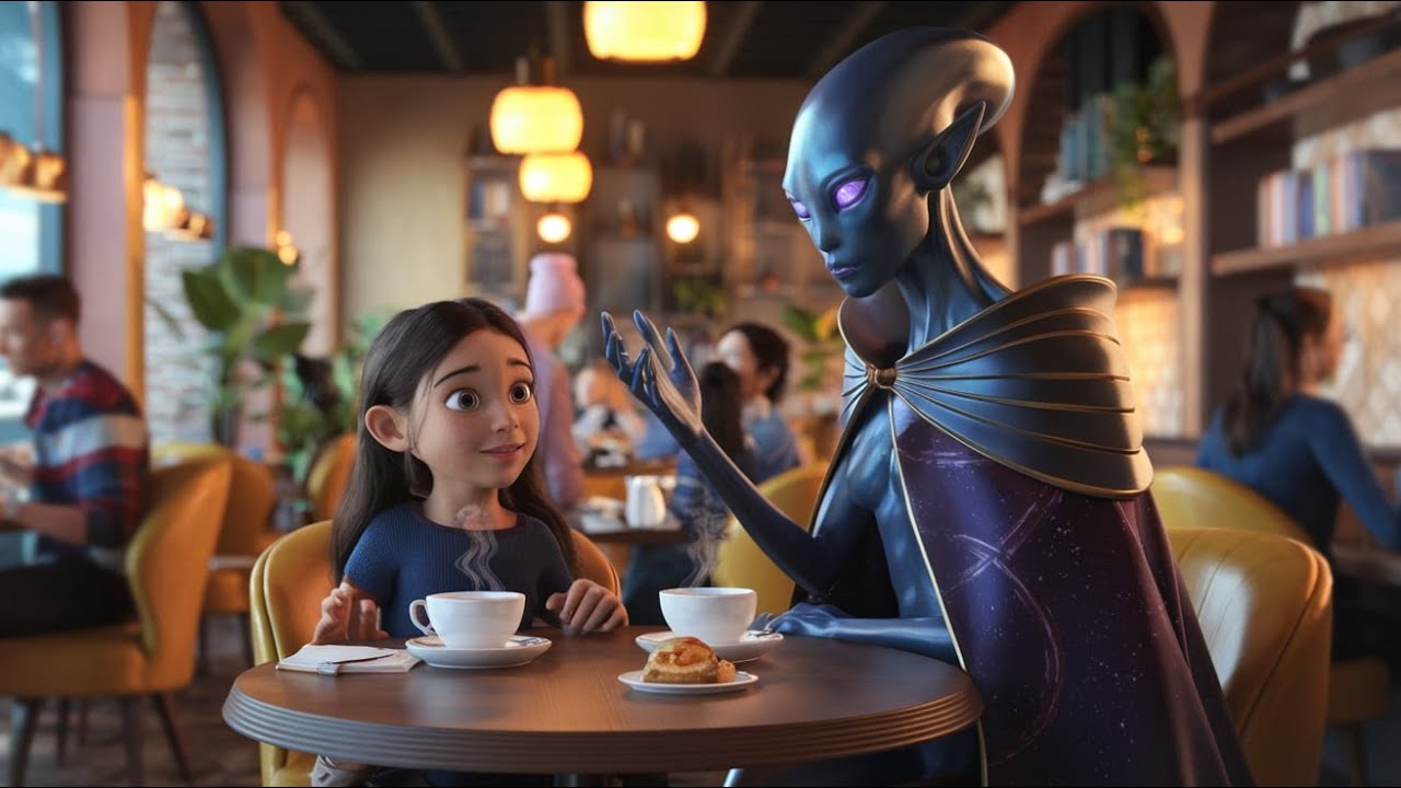 Young Human Girl Befriends Solitary Alien at a Café, Unaware She's ...