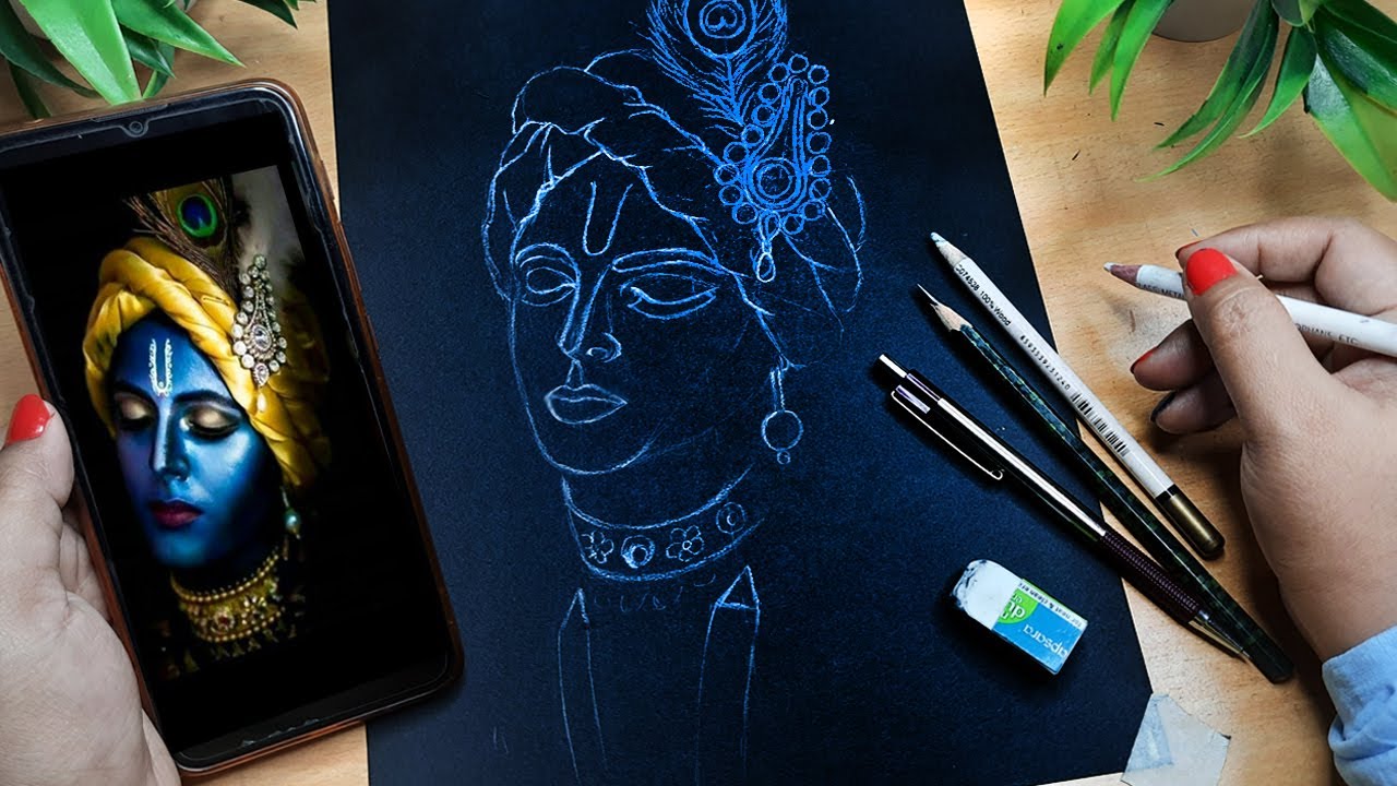 Krishna outline Drawing on Black Pastel Paper Step by step, Freehand ...