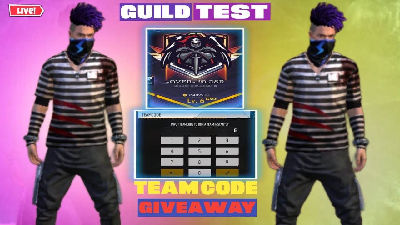 FREE FIRE LIVE GIVEAWAY TEAM CODE | FF LIVE GUILD TEST | CUSTOM ...