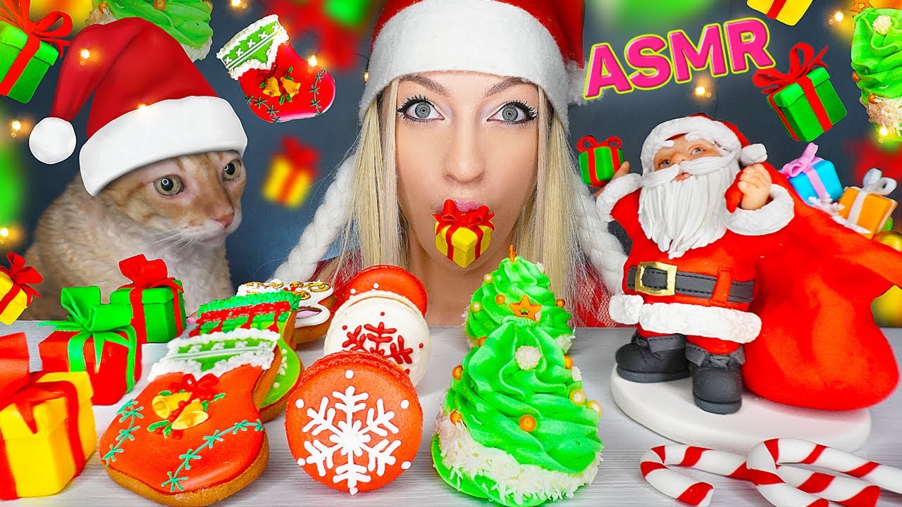 ASMR EATING EDIBLE SANTA, CHRISTMAS PARTY, CANDY, CAKE, 케이크, 마카롱 ...